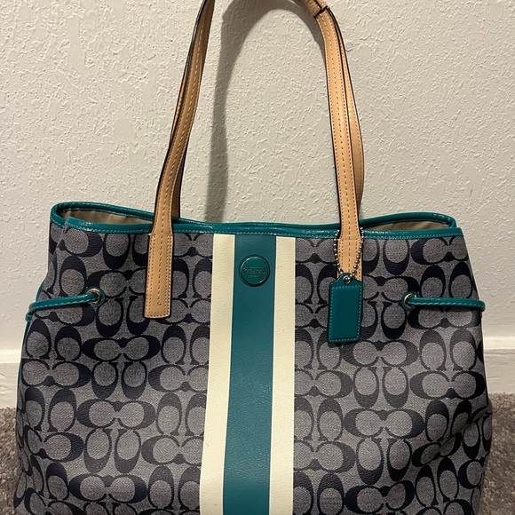 Coach | Bags | Coach Signature Stripe Pvc Large Carryall Tote Bag | Poshmark